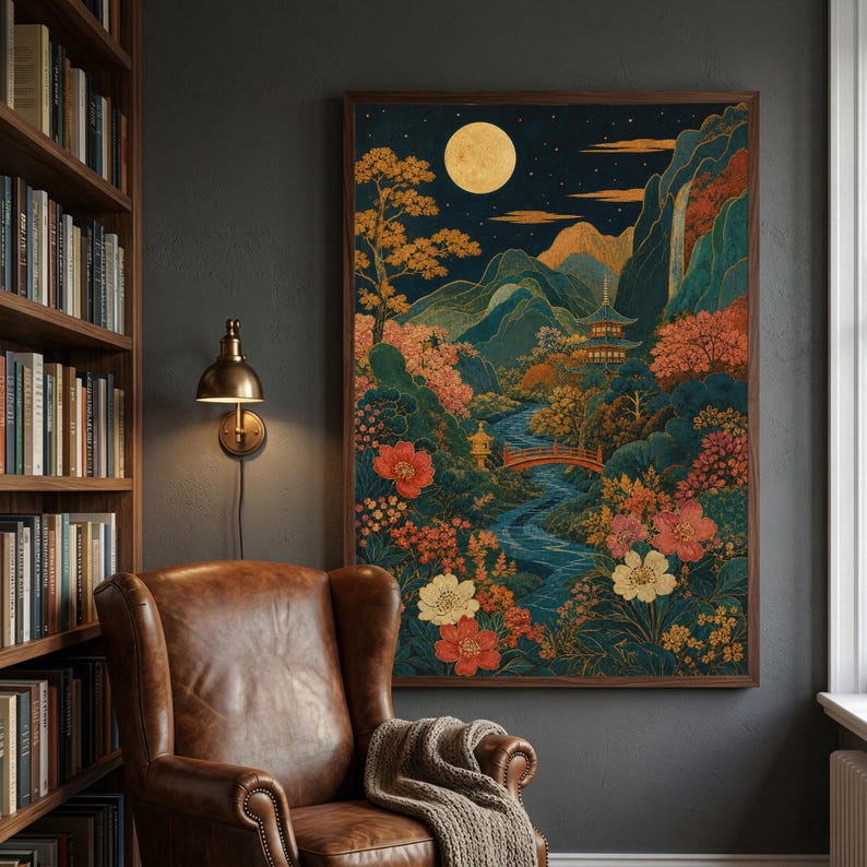 Japanese Landscape Art, Moonlit Zen Garden Print, Teal Gold Decor ...