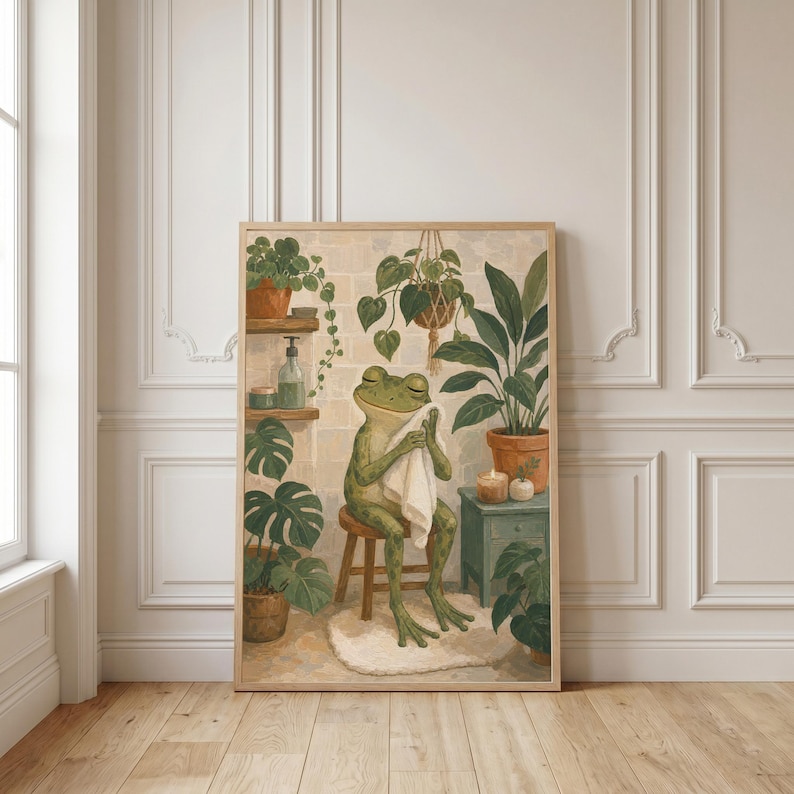 Whimsical Frog Bathroom Art, Green Plant, Cottagecore Animal Print ...