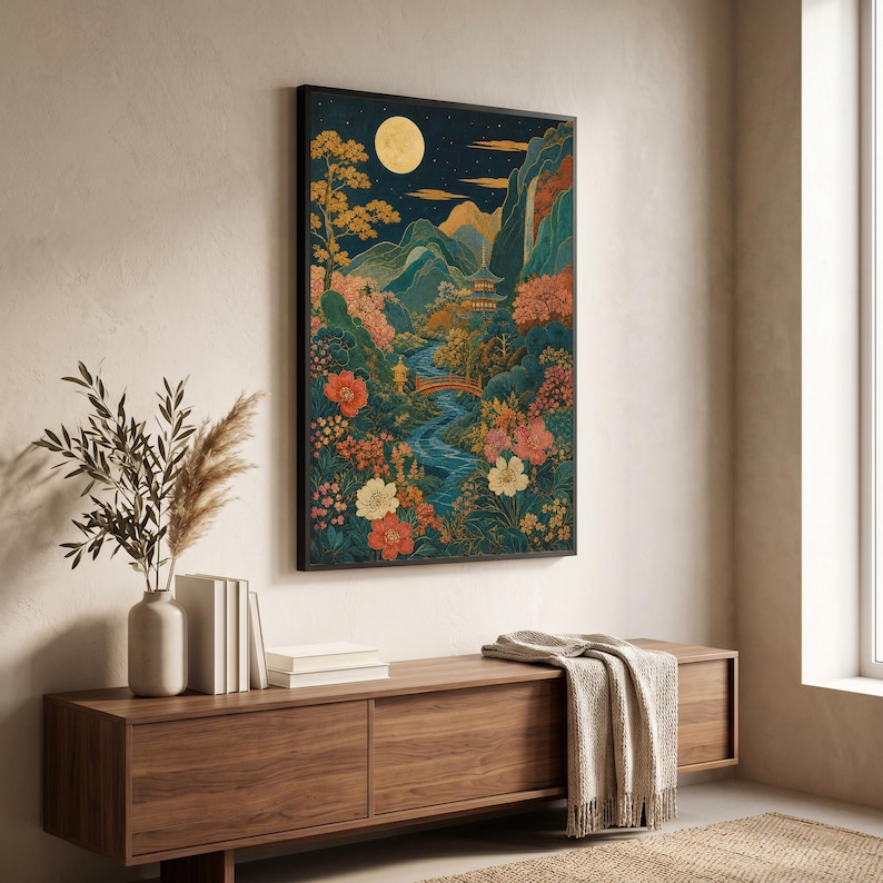 Japanese Landscape Art, Moonlit Zen Garden Print, Teal Gold Decor ...
