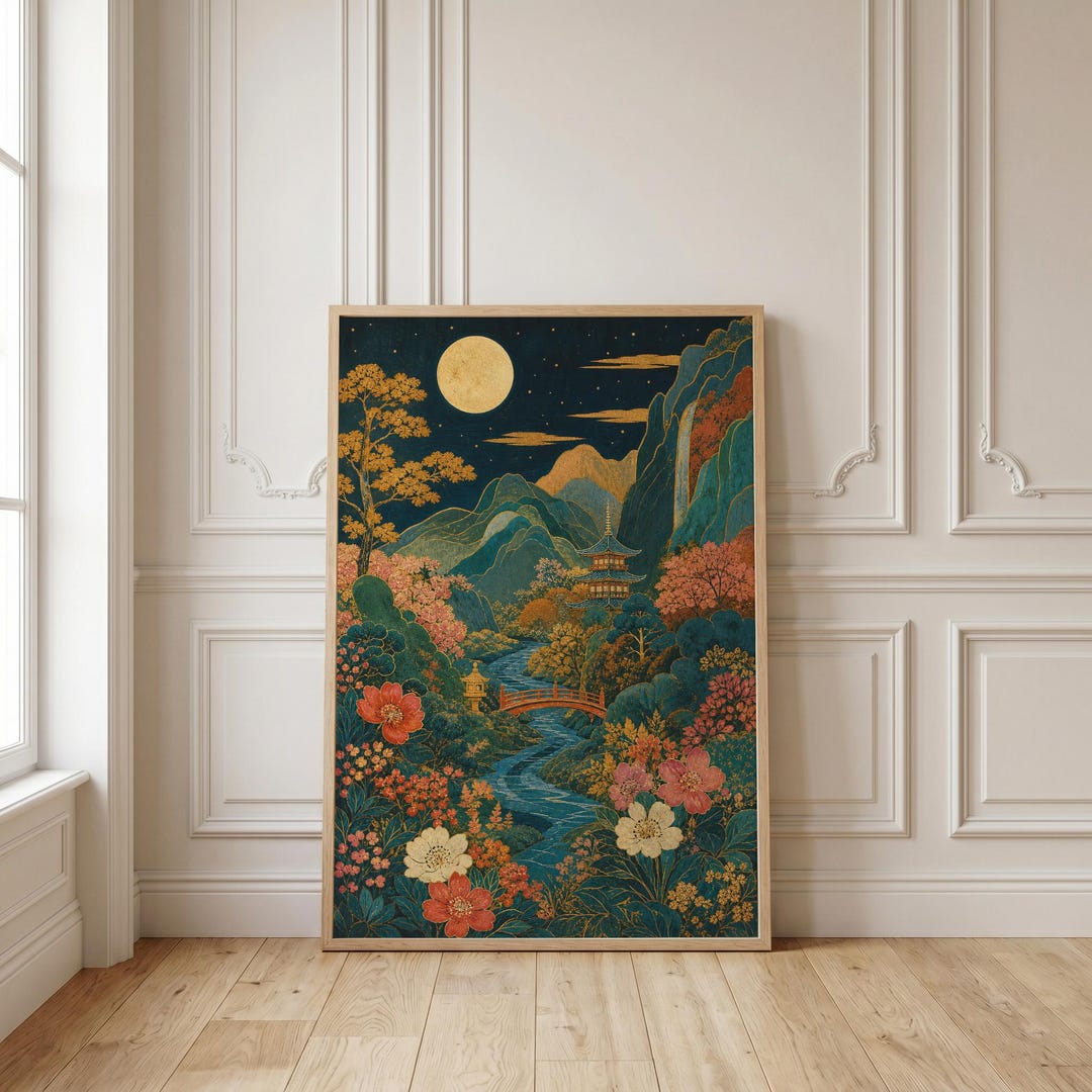 Japanese Landscape Art, Moonlit Zen Garden Print, Teal Gold Decor ...