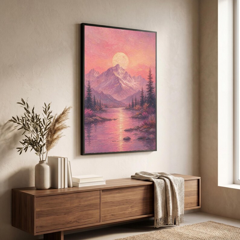 Impressionist Mountain Sunset Print, Pink Lake Landscape Wall Art ...