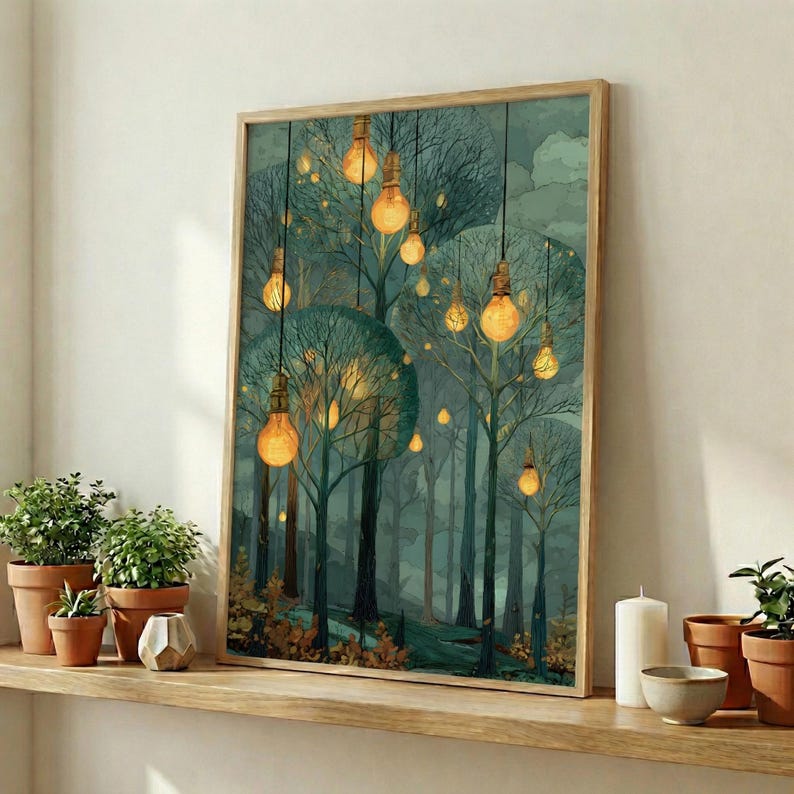Enchanted Forest Print, Teal Green Woodland, Glowing Light Bulbs ...