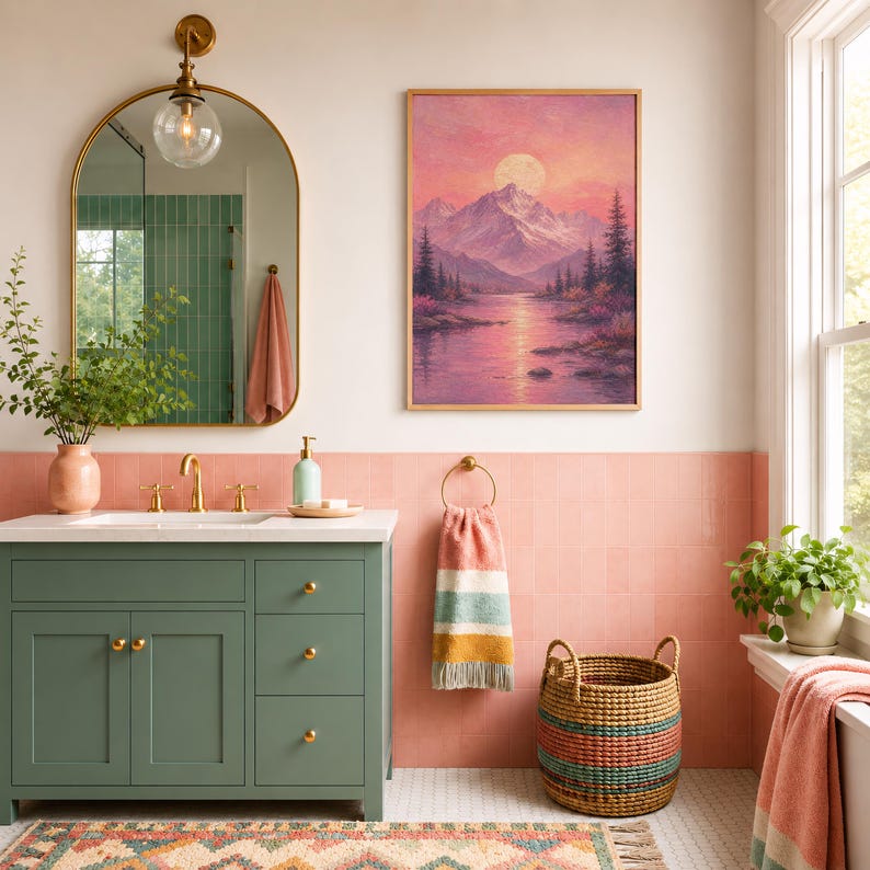 Impressionist Mountain Sunset Print, Pink Lake Landscape Wall Art ...
