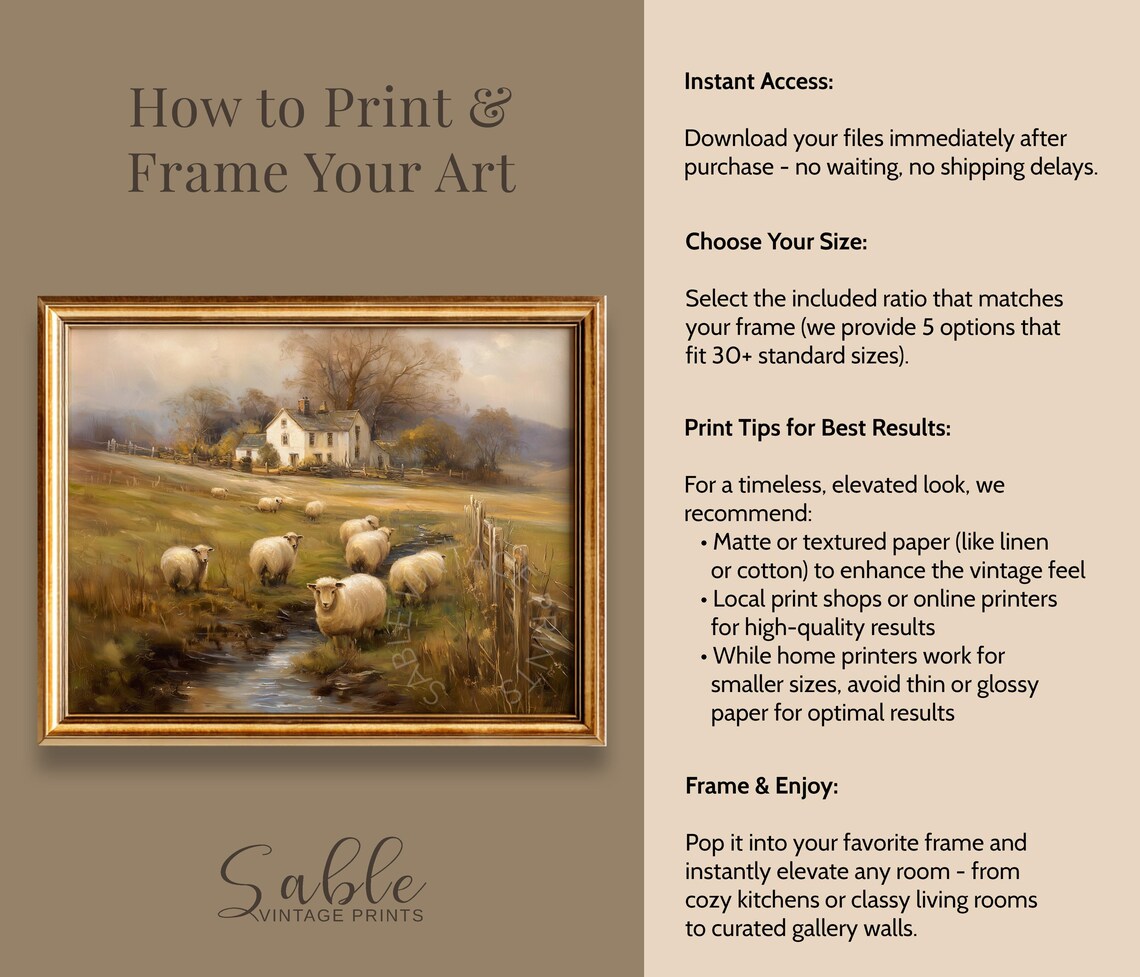 Sheep by Stream Pastoral Printable Art - Vintage Cozy Farmhouse Decor ...