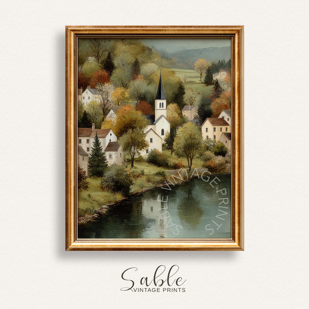 Vintage Riverside Village Church Wall Art - Cozy Country Fall Landscape ...