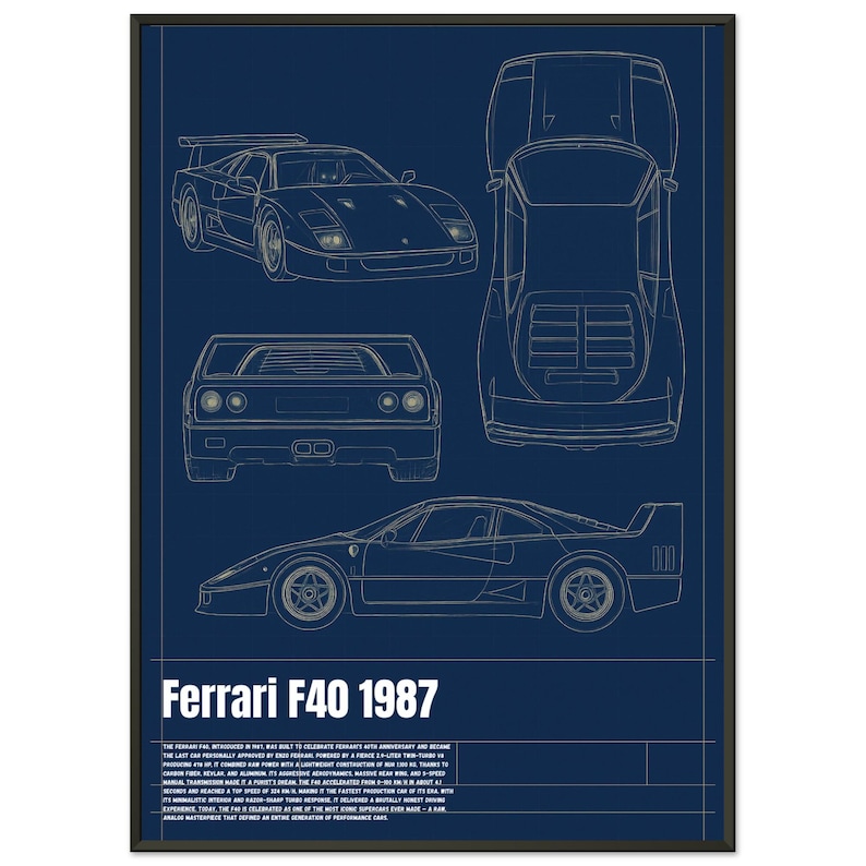 Ferrari F40 Blueprint Poster – Classic 80s Supercar Technical Drawing ...