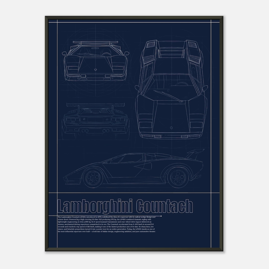 Lamborghini Countach LP400 Premium Retro Blueprint Metal Framed Poster ...