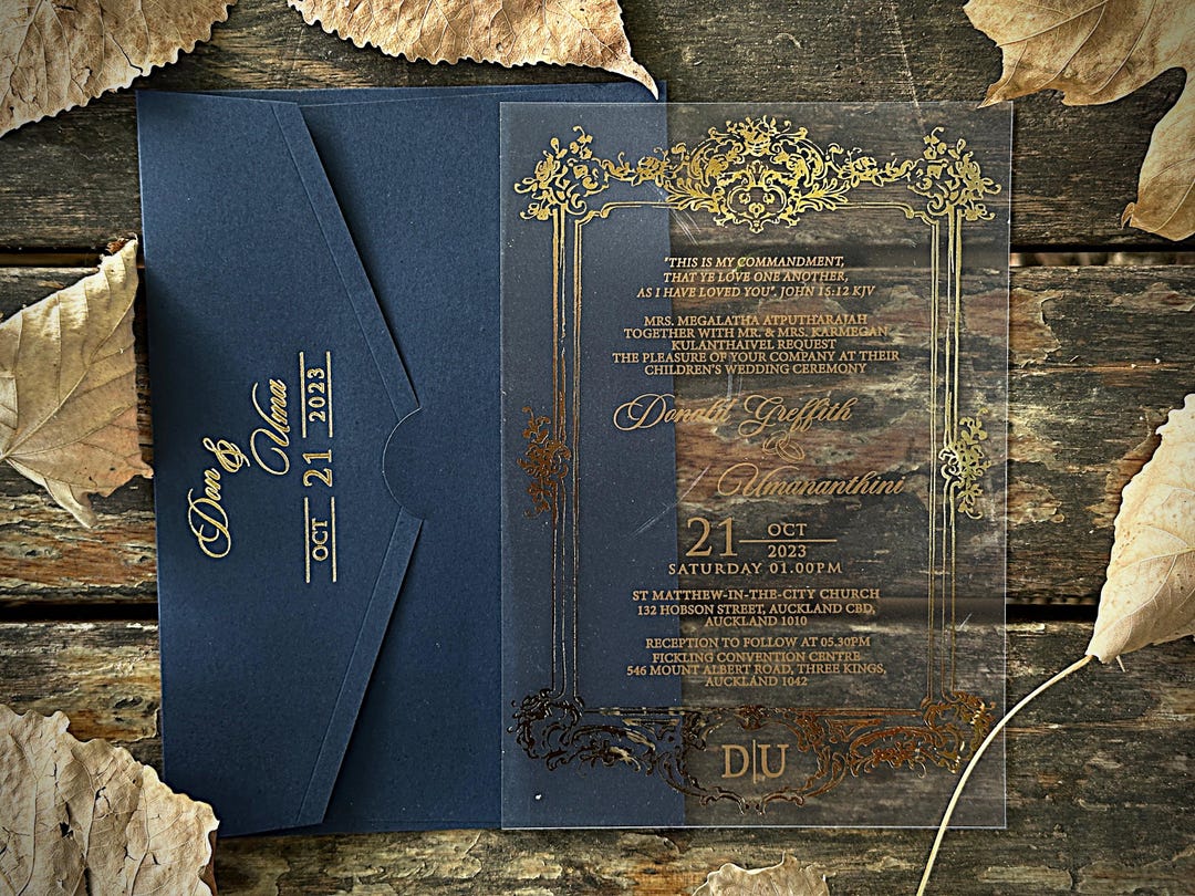 Navy Acrylic Wedding Invitation, Gold Foil Baroque Frame, Luxury Gala ...