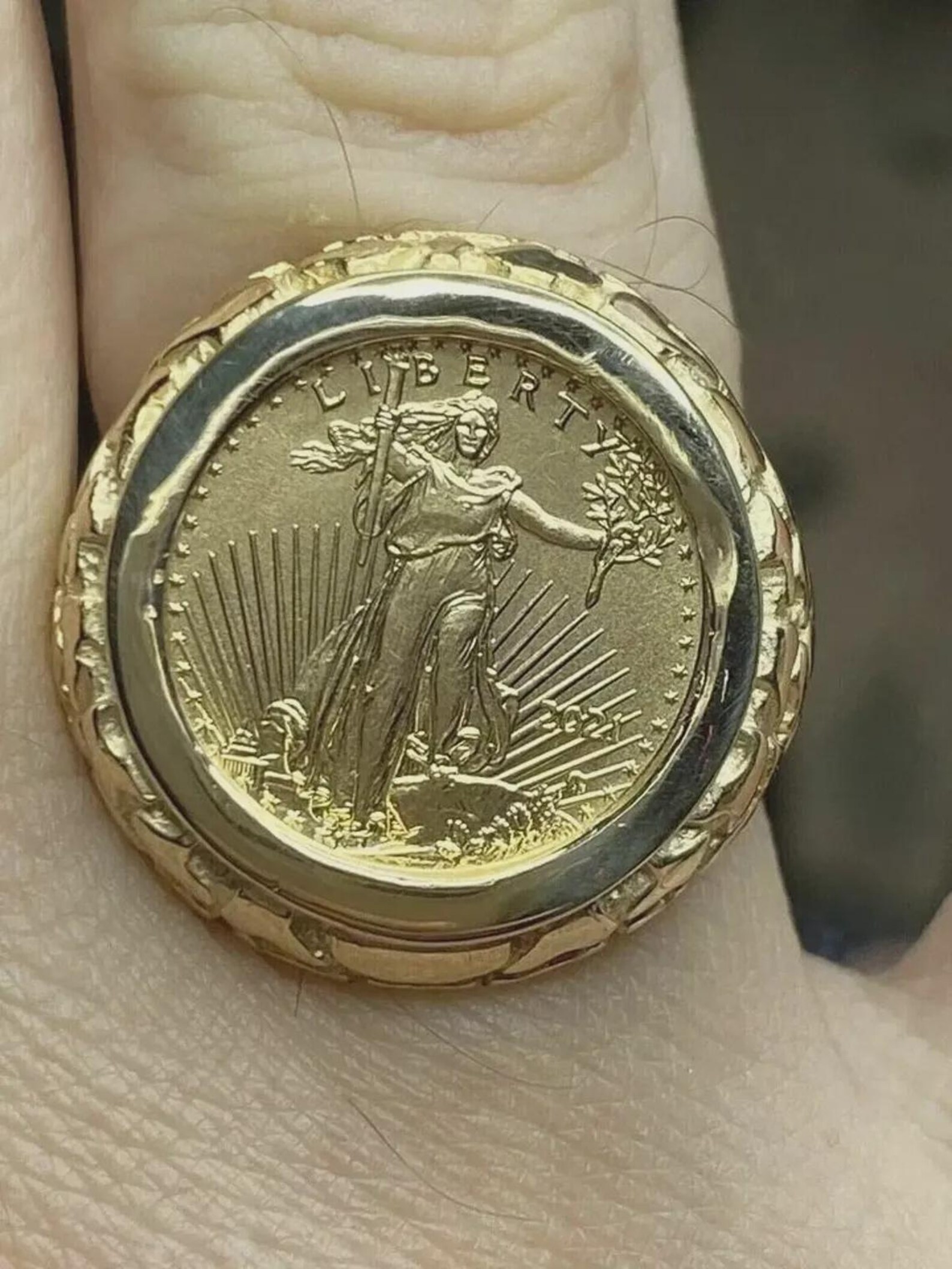 Lady Liberty Coin Ring, Vintage 14K Yellow Gold Plated Sterling Silver ...