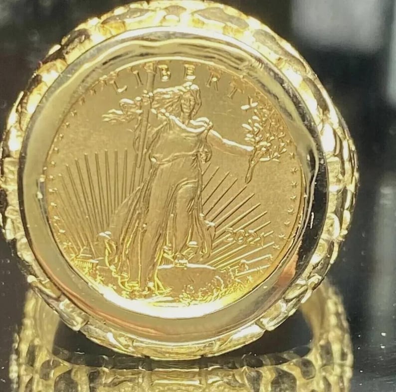Lady Liberty Coin Ring, Vintage 14K Yellow Gold Plated Sterling Silver ...