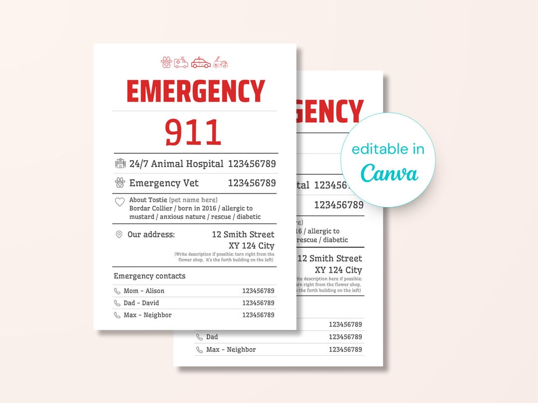 Pets Emergency Contact Sheet Printable • Petsitter Info Template • Pet ...