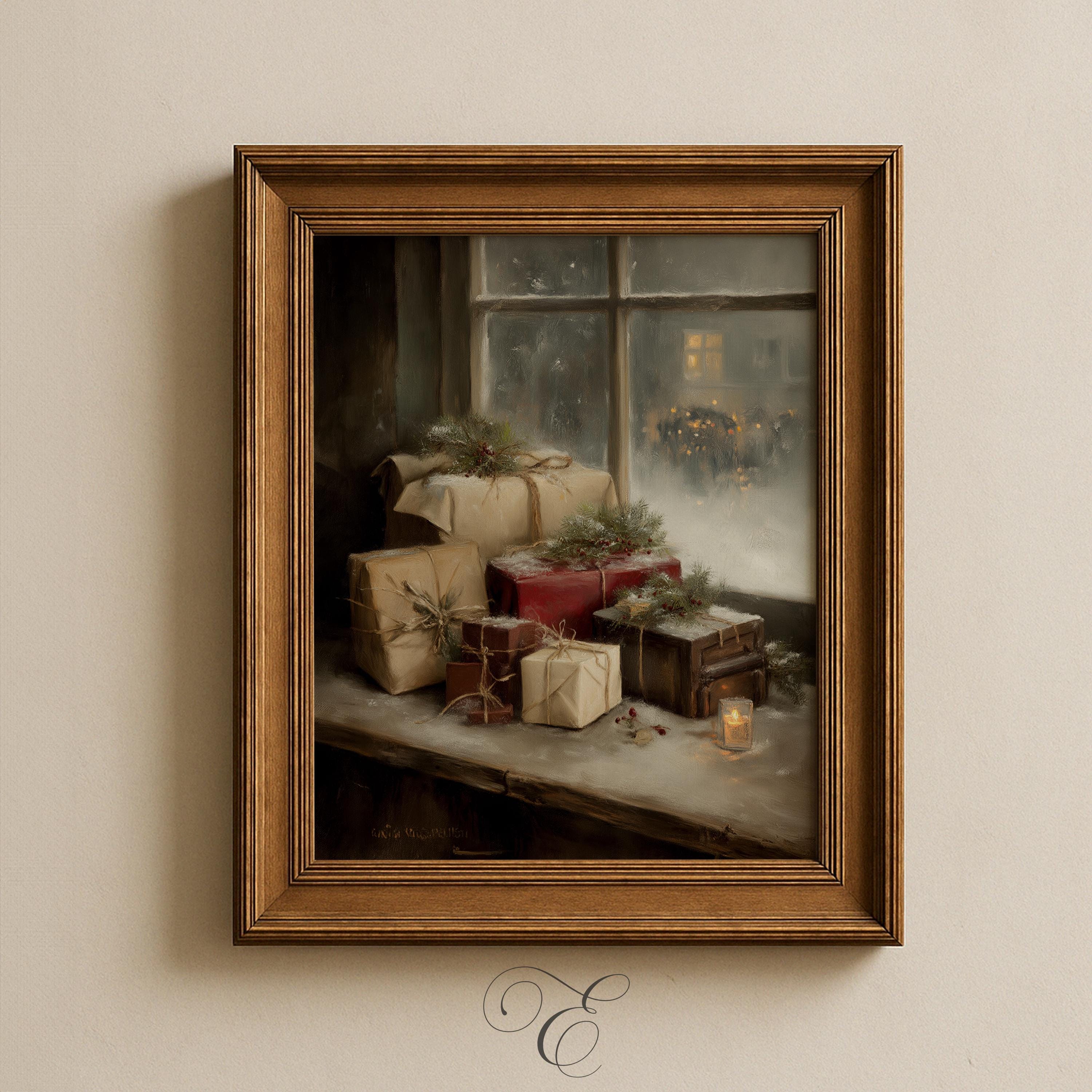 Cozy Holiday Gift Still Life, Rustic Vintage Christmas Painting ...