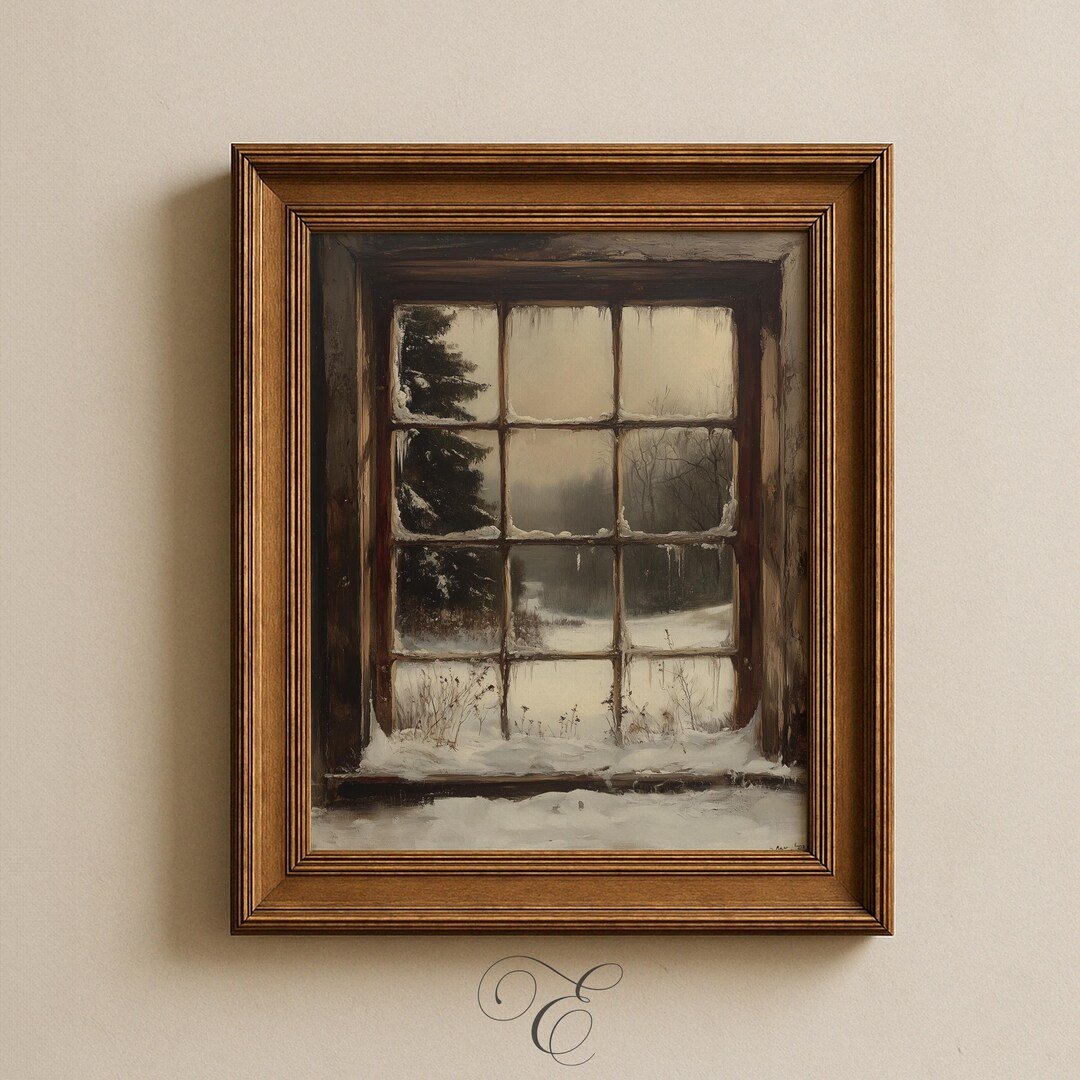 Frosted Windowpane Winter Print - Vintage Snowy Landscape, Cozy Rustic ...