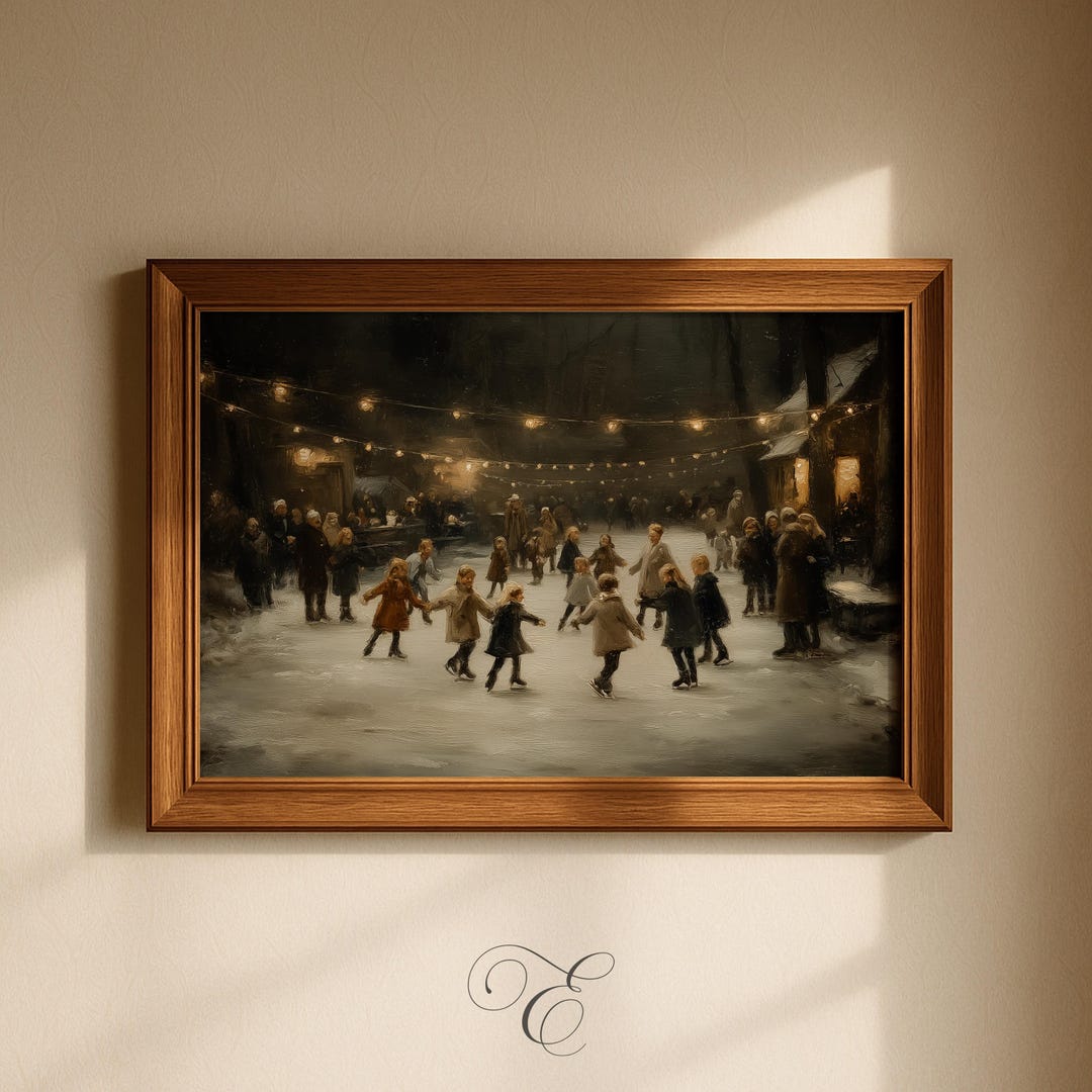 Vintage Ice Skating Painting, Charming Christmas Village Art (digital ...
