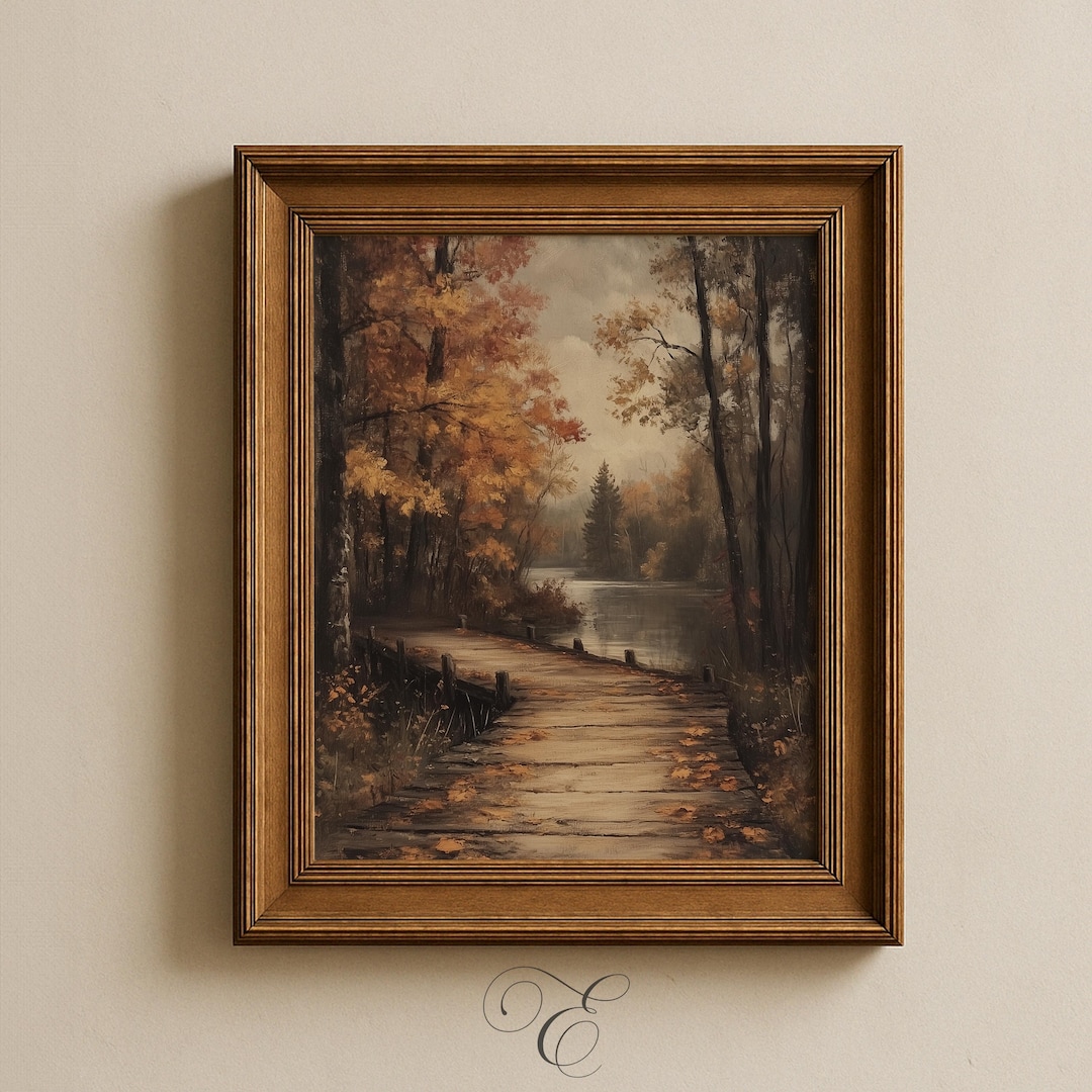 Autumn Bridge With Golden Leaves - Rustic Riverscape Print, Vintage ...