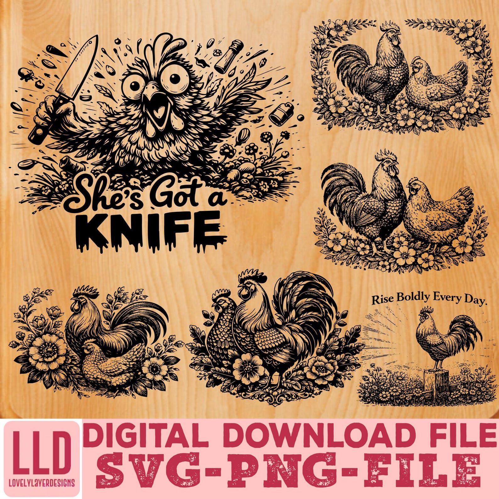 Floral Chicken SVG PNG Bundle, Rooster and Hen Charcuterie Board ...