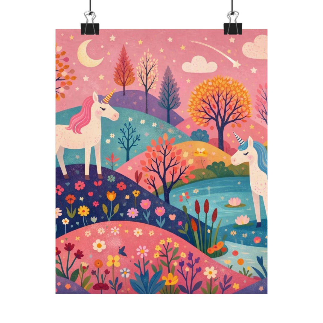 Whimsical Unicorn Landscape Matte Poster | Colorful Fantasy Nursery Art ...