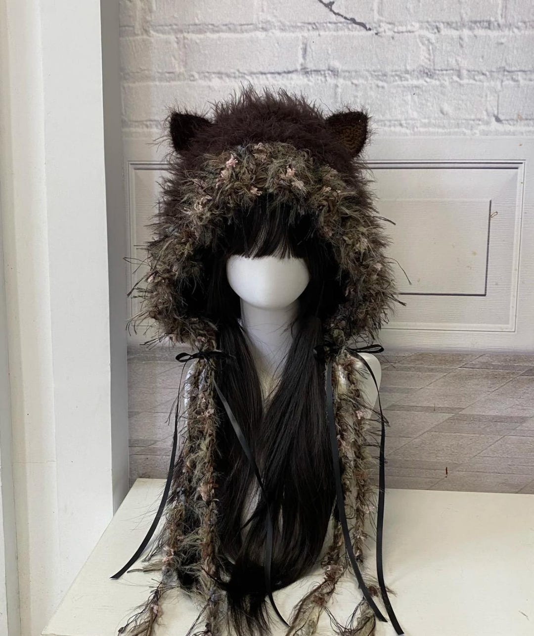 Brown Wolf Ear Fuzzy Floral Hood | Cottagecore Furry Cosplay Hat ...