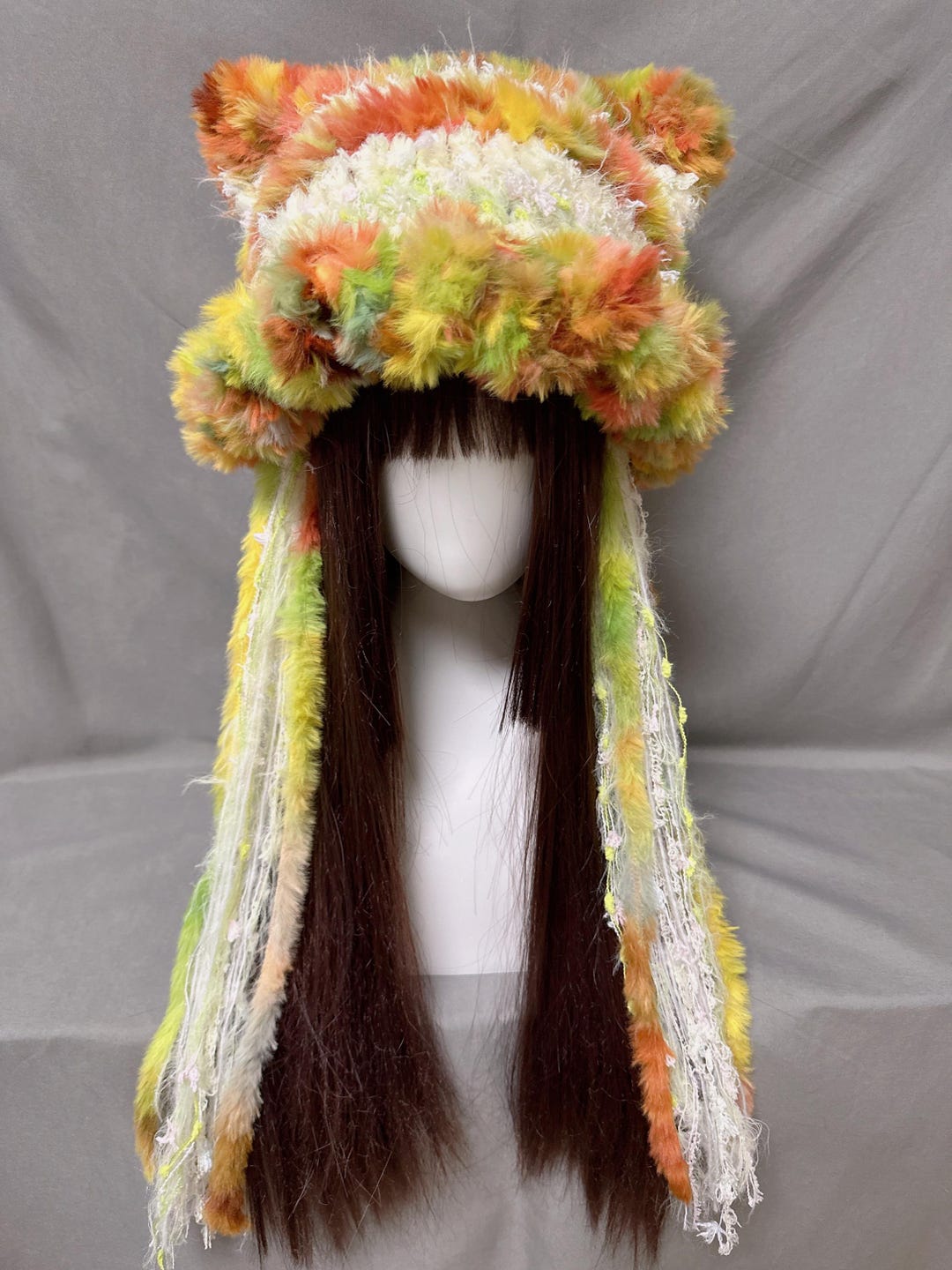 Handmade Plush Cat Ear Hat, Pastel Furry Winter Hat With Long Scarves ...