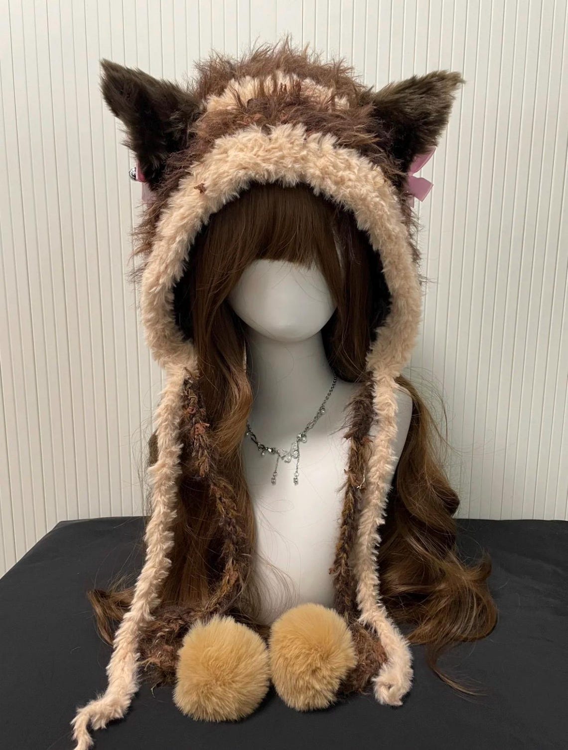 Cute Cat Ear Hooded Beanie - Brown Beige Fluffy Faux Fur Pom Pom Hat ...