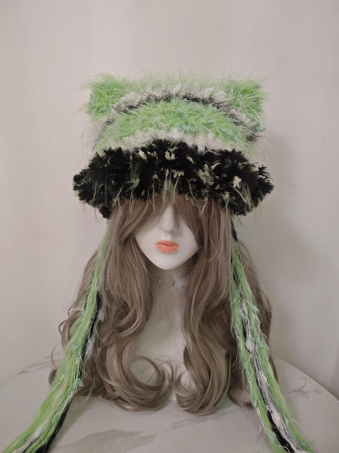 Y2K Fluffy Knit Bucket Hat – Green & Black Tassel Festival Hat - Etsy