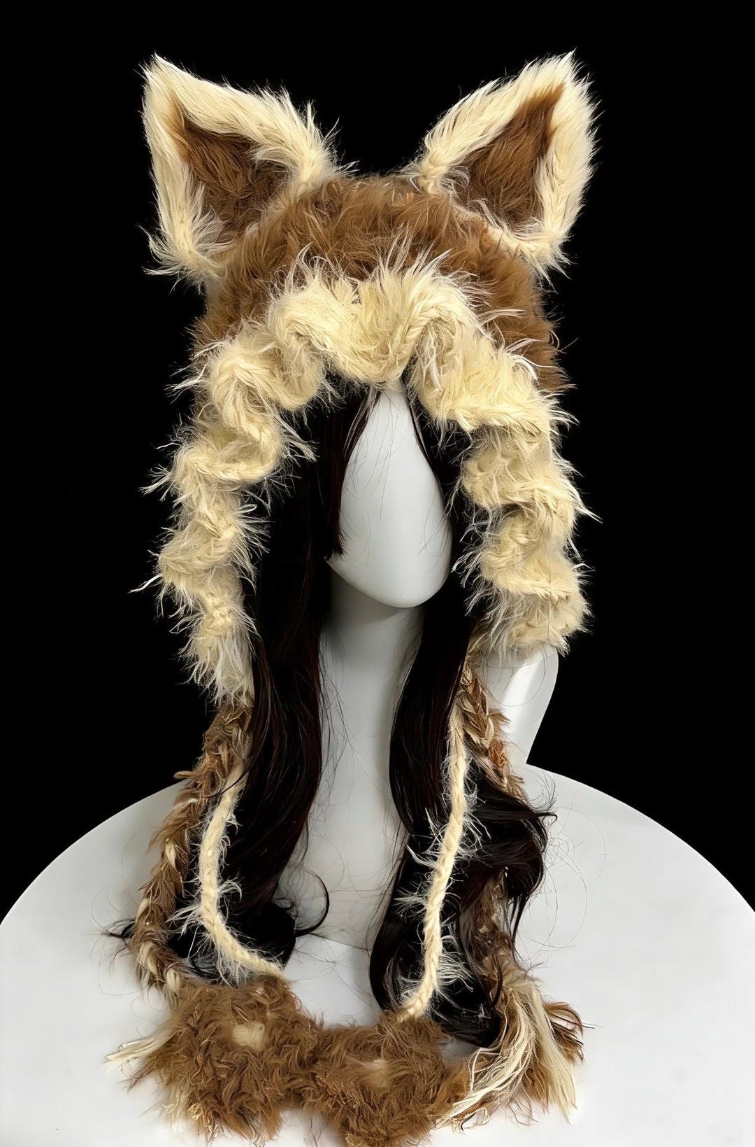 Furry Fox Ear Hood • Handmade Plush Animal Hat • Cozy Brown & Cream ...