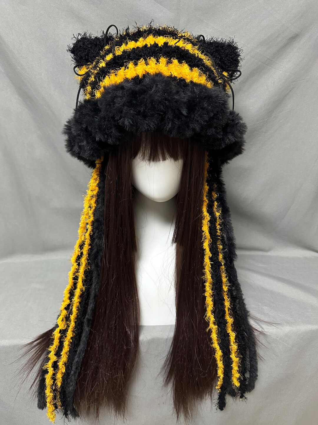 Handmade Furry Bear Ear Hat, Black Yellow Plush Hood, Long Ear Winter ...