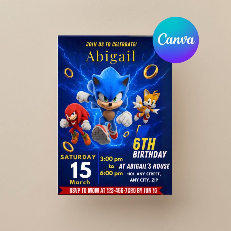 Sonic Birthday Invitation, Editable Gamer Party Template (canva / PDF ...