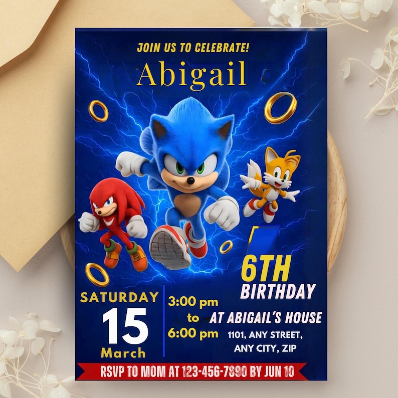 Sonic Birthday Invitation, Editable Gamer Party Template (canva / PDF ...