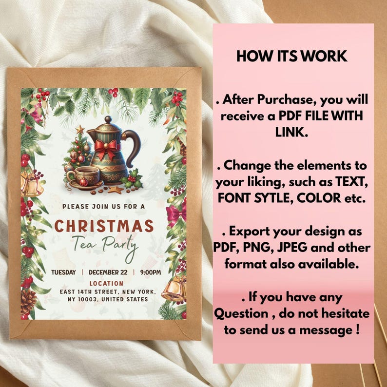 Editable Christmas Tea Party Invitation Template (5x7) Digital ...
