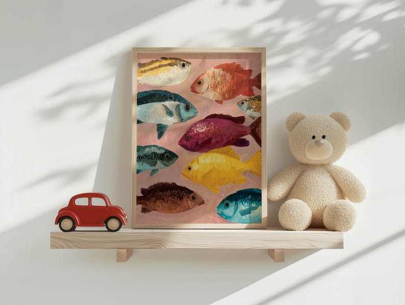 School of Fish Print, Pastel Pink Ocean Wall Art, Retro Minimalist ...