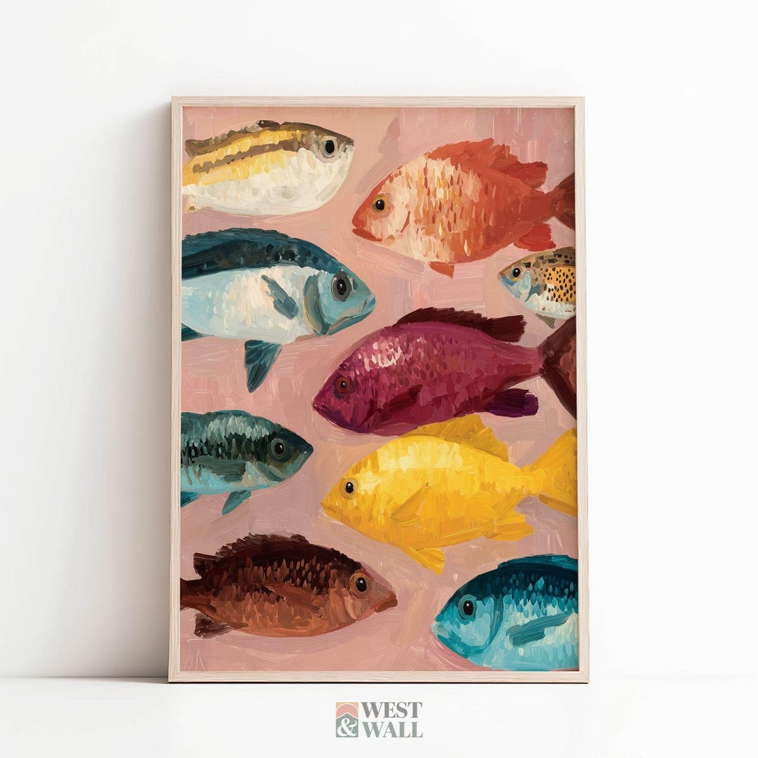 School of Fish Print, Pastel Pink Ocean Wall Art, Retro Minimalist ...