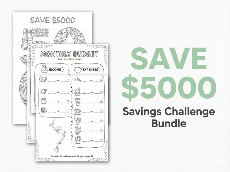 Savings Challenge Bundle | 20 Printable Pages | 10–5000 Money Saving ...