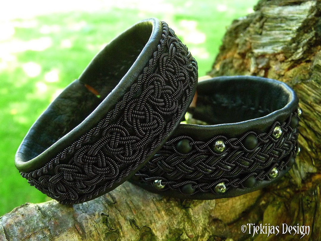 Sami Leather Cuff Bracelet: Black Copper Braids, Reindeer Antler ...