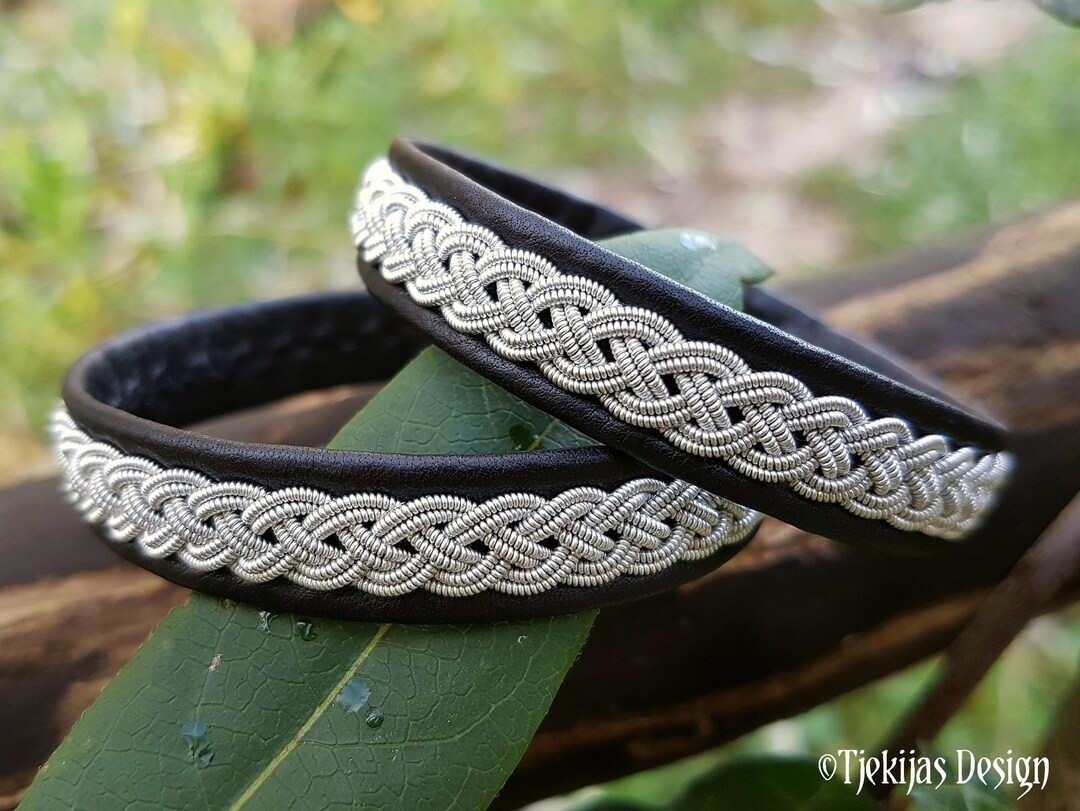 Sami Bracelet ASGARD | Viking Leather Cuff | Pewter Braid and Reindeer ...