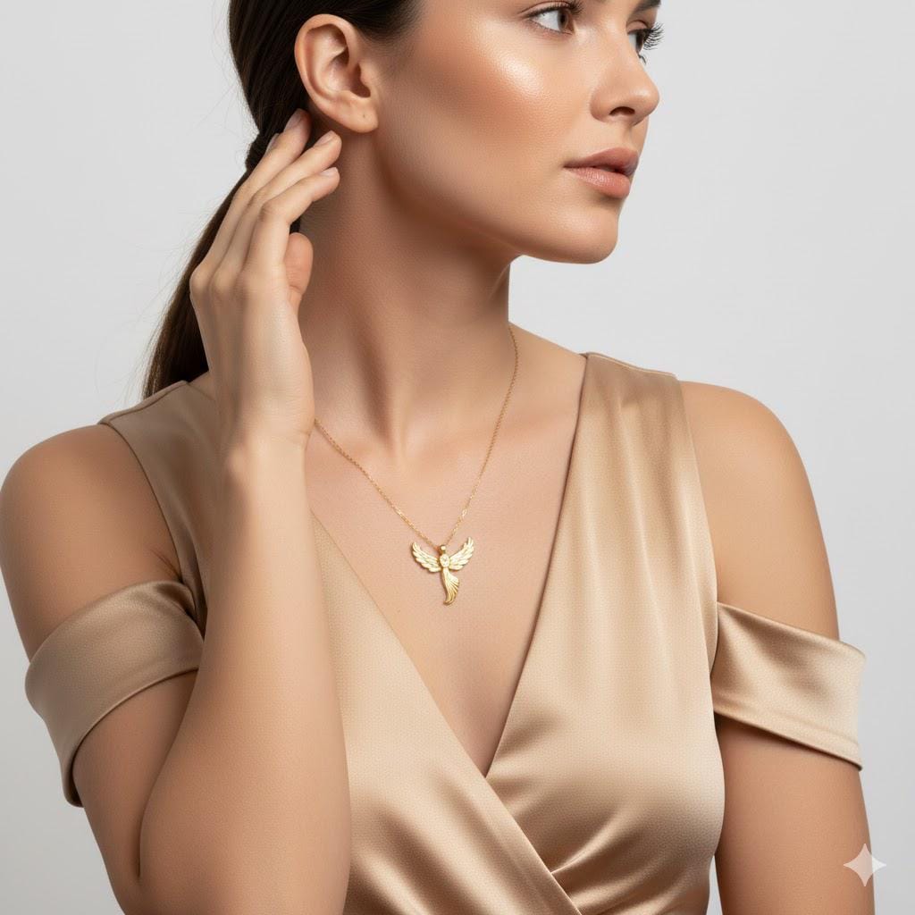 Angel Gold Necklace Spiritual Guardian Symbol Solid Yellow Gold Pendant ...