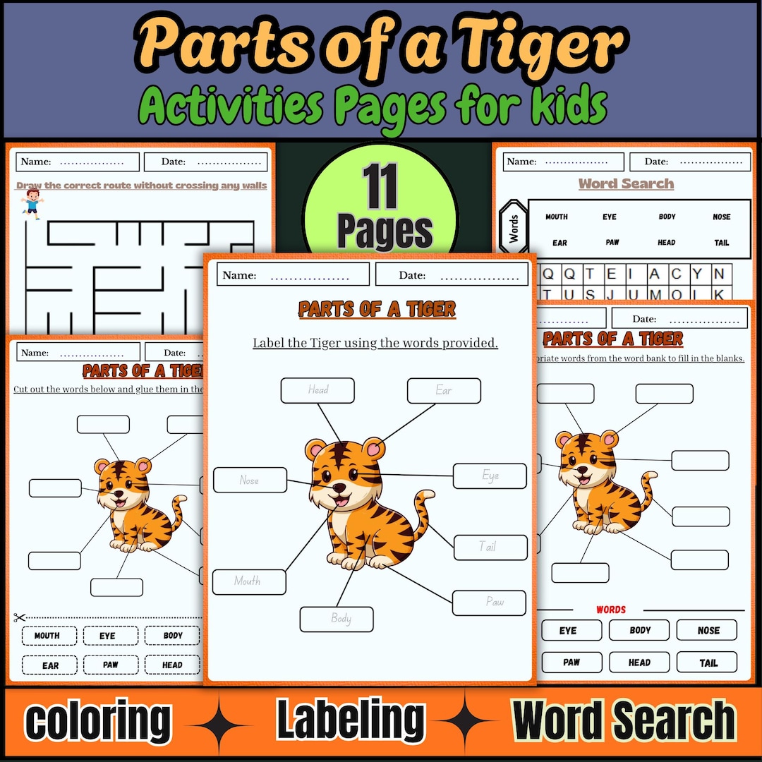 Parts of a Tiger Printable Worksheets | Preschool & Kindergarten ...