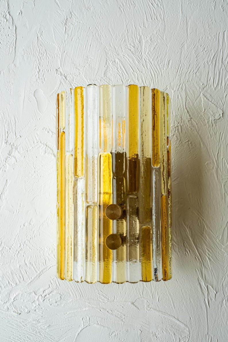 Set of 2 Wall Sconces • Amber Glass With Handmade Texture • Brass ...