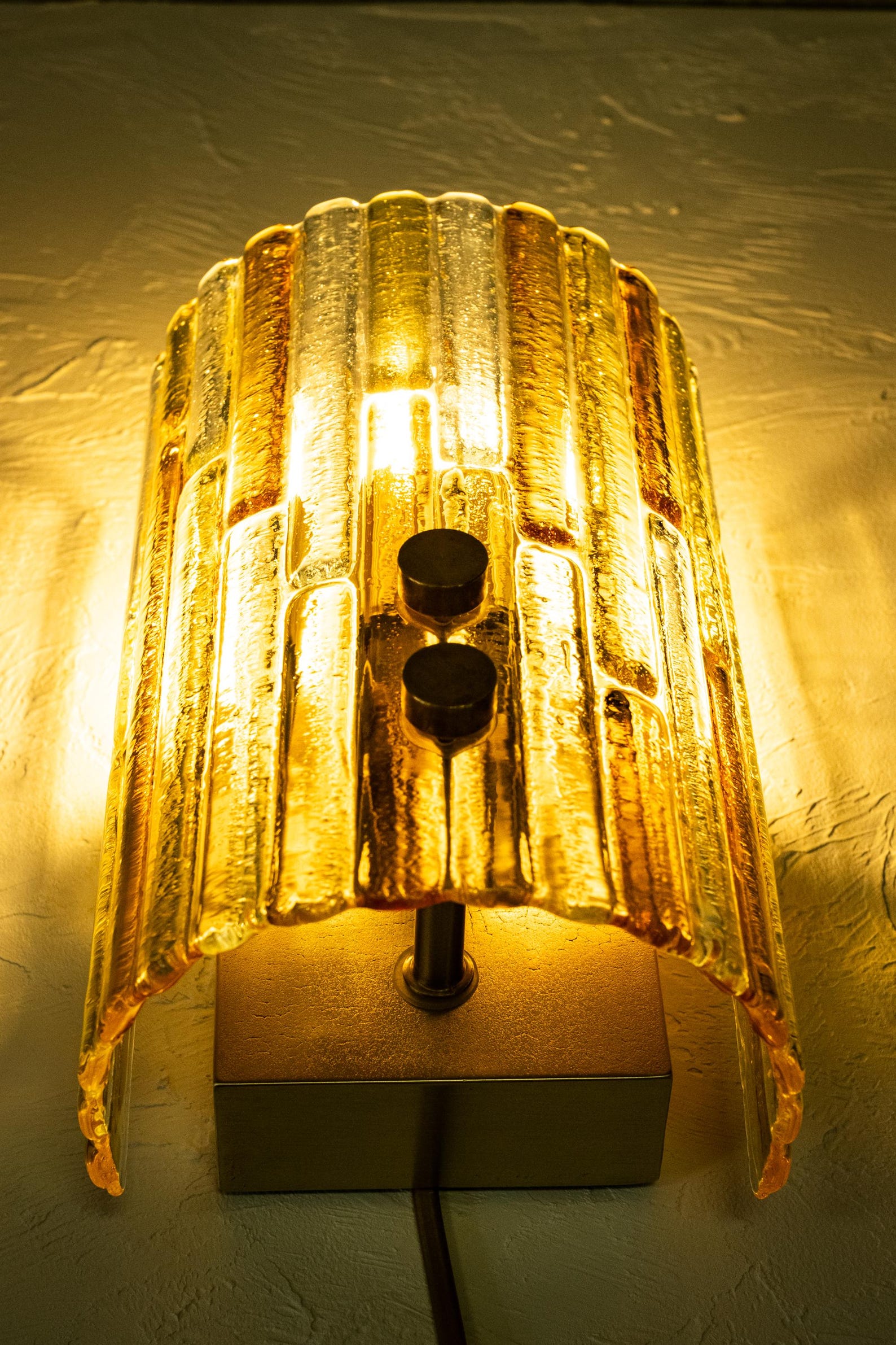 Set of 2 Wall Sconces • Amber Glass With Handmade Texture • Brass ...