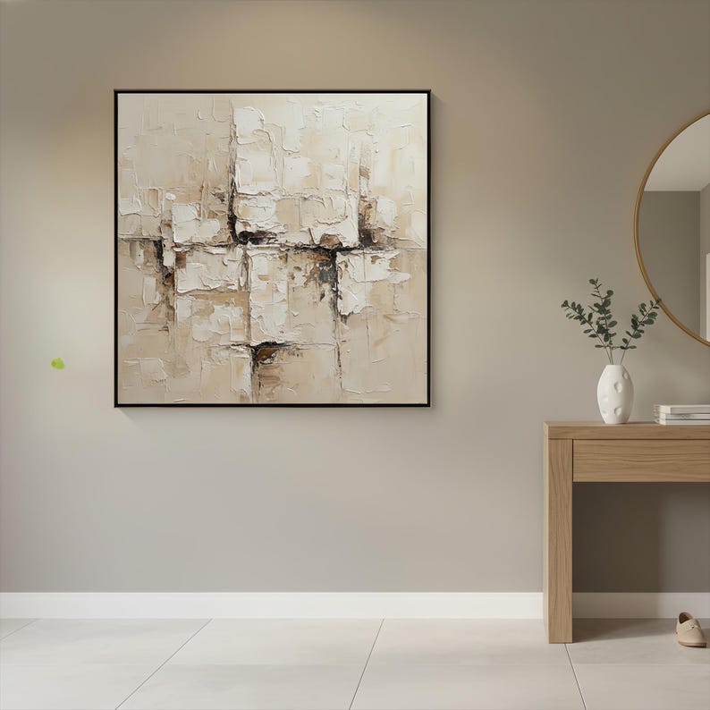 Large Textured Abstract Painting, Neutral Beige Cream Black Impasto ...