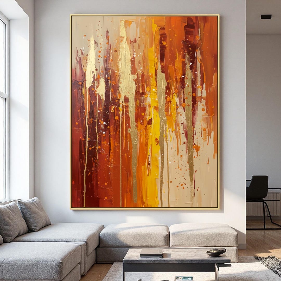 Large Abstract Gold Leaf Painting on Canvas, Modern Textured Orange Red ...