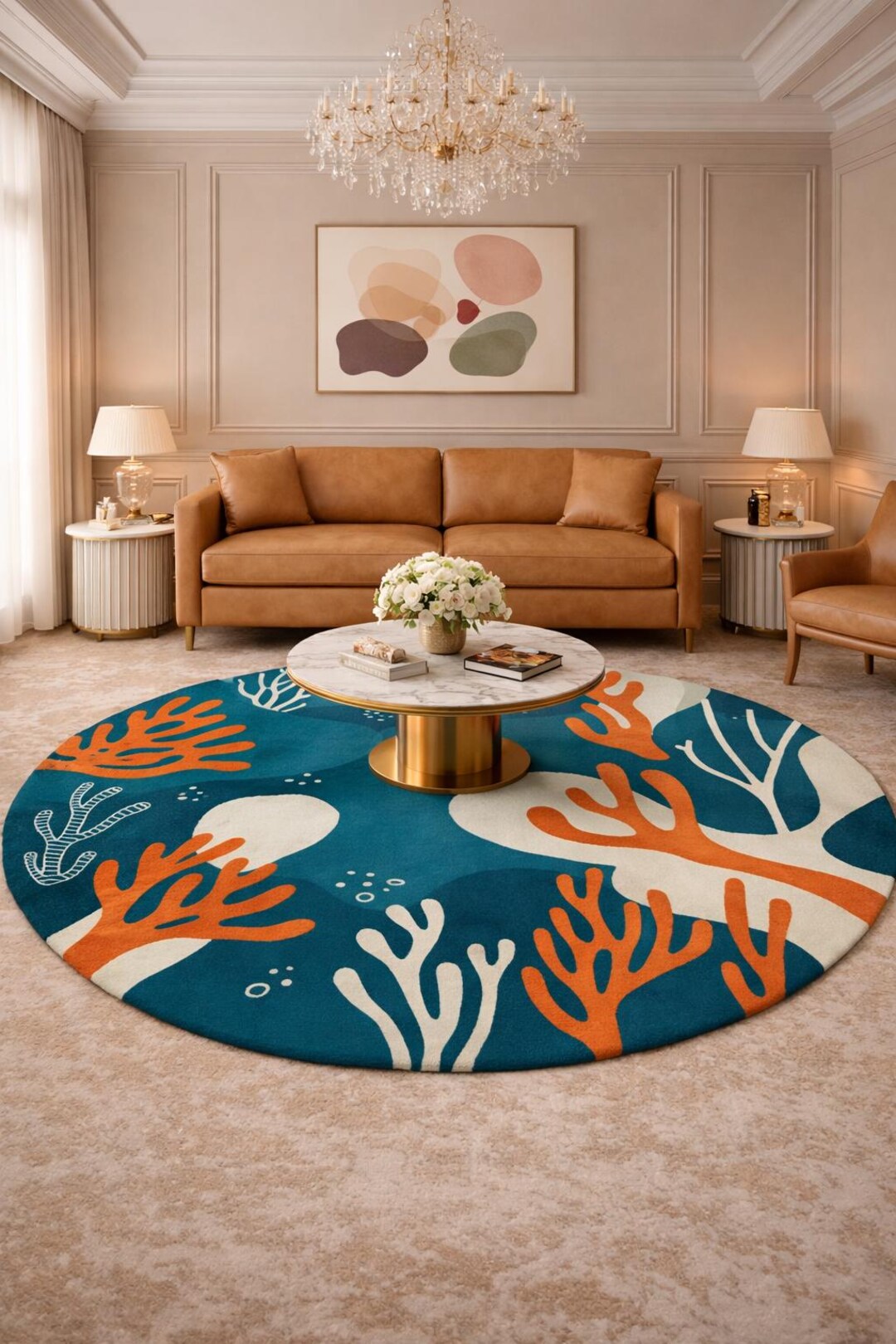Luxury Round Coral Area Rug Ocean Inspired Modern Designer Rug for ...