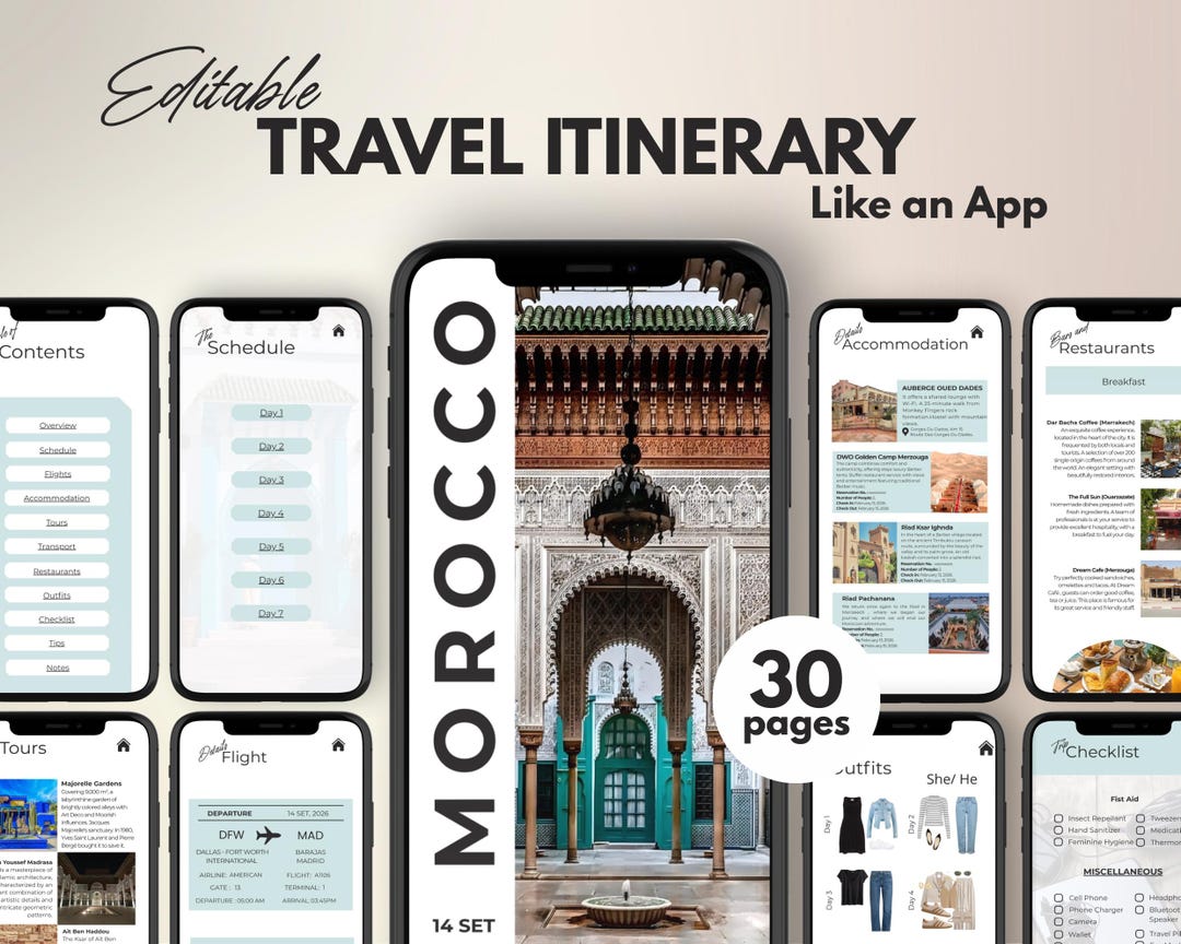 Editable Travel Itinerary: Morrocco 7 Days Vacation Template, (canva ...