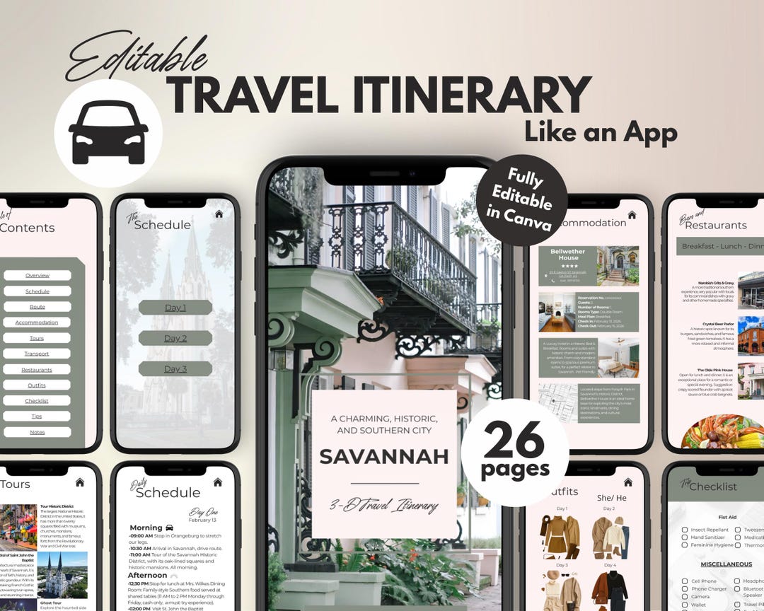 Editable Travel Itinerary: Savannah 3 Days Vacation Template, (canva ...