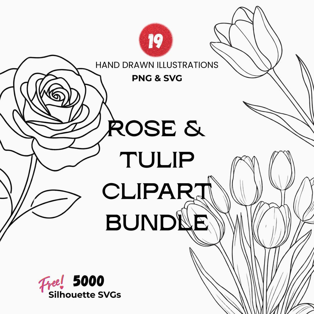 Tulip & Rose Birth Month Wildflower Clipart, Botanical Line Art SVG PNG ...