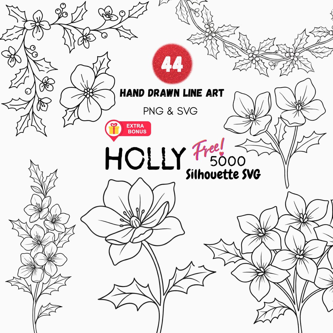 Holly Birth Month Flower Line Art, Retro Botanical Floral SVG PNG ...