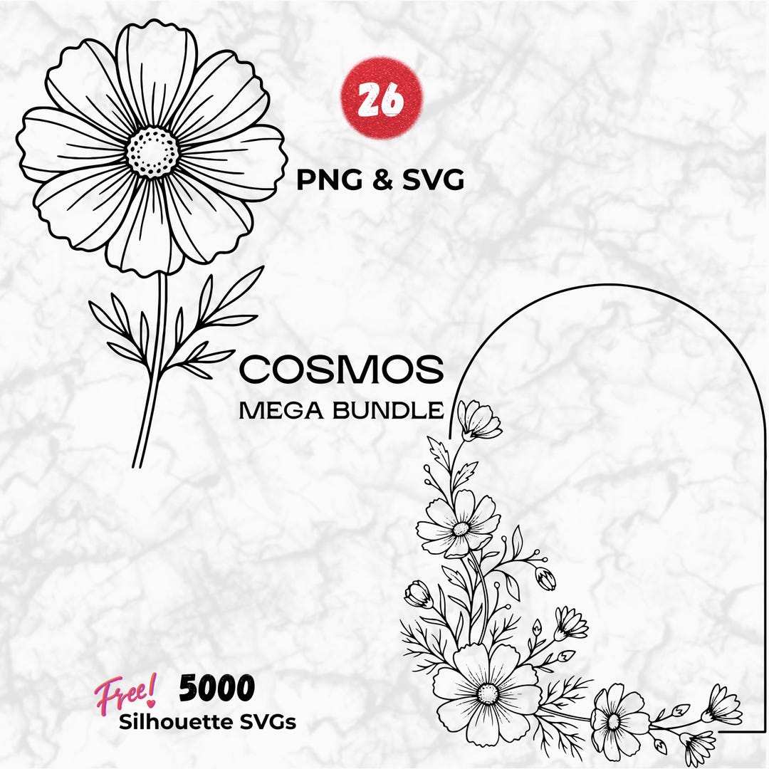 Cosmos Birth Month Flower Clipart SVG PNG, Botanical Line Art (instant ...