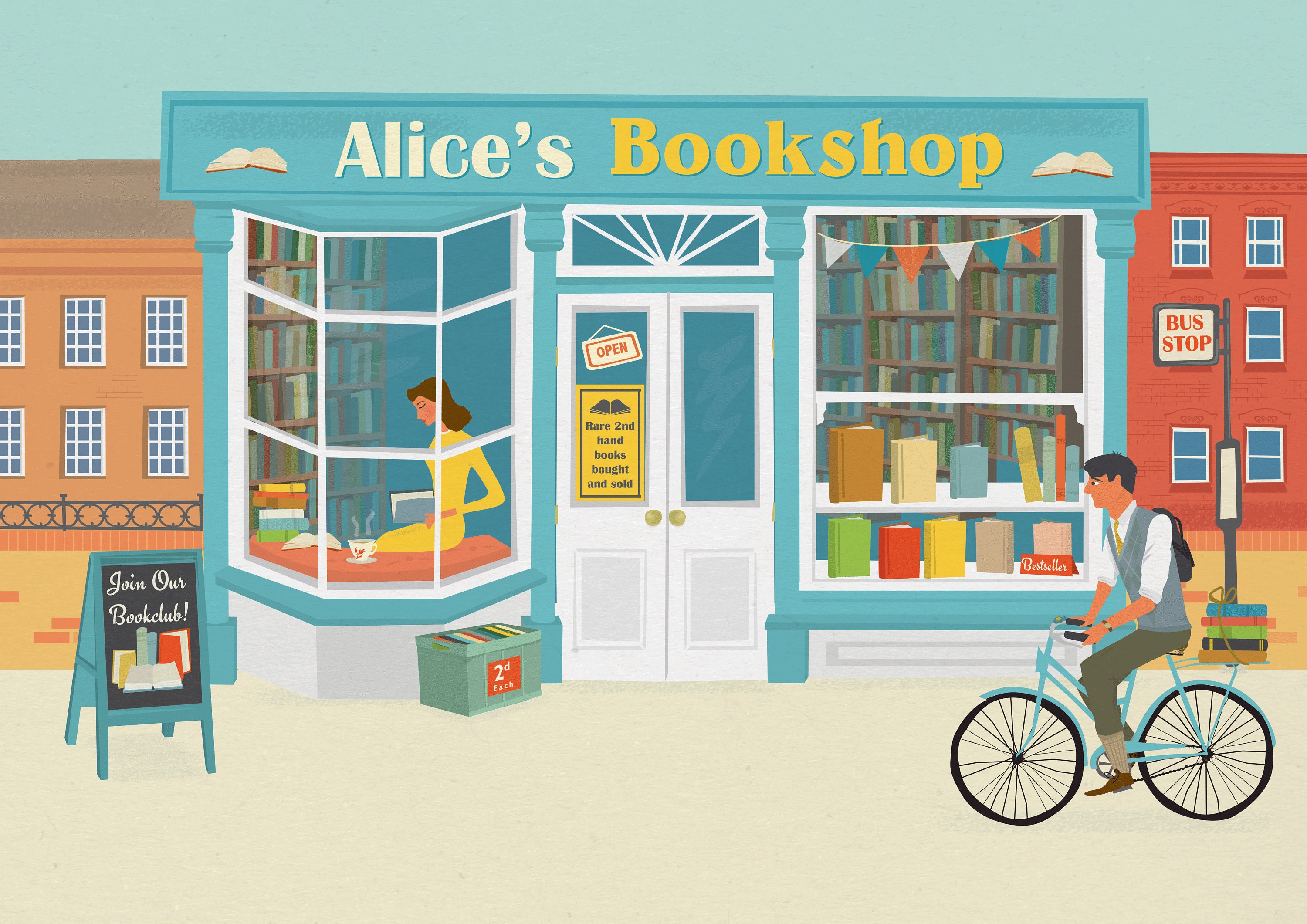 Book Shop Illustration Art Print Personalised A3 - Etsy
