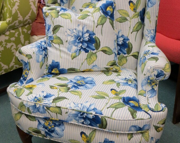 Sam Moore Queen Anne Wingback Chair in Striped Floral Ticking - Totally ...