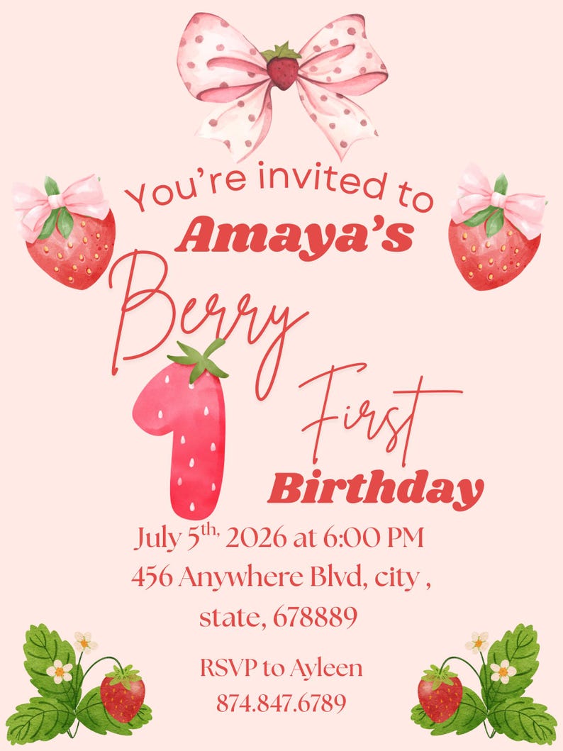Berry First Birthday Invitation – Canva Editable Template - Etsy
